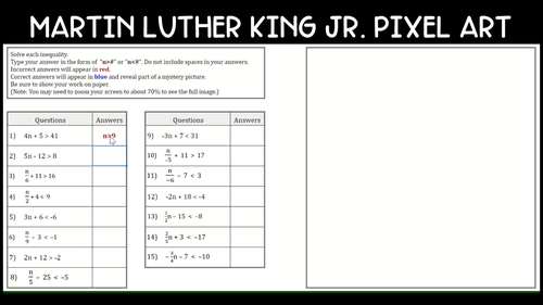Martin Luther King Jr. Pixel Art- Two-Step Inequalities by Mathporium