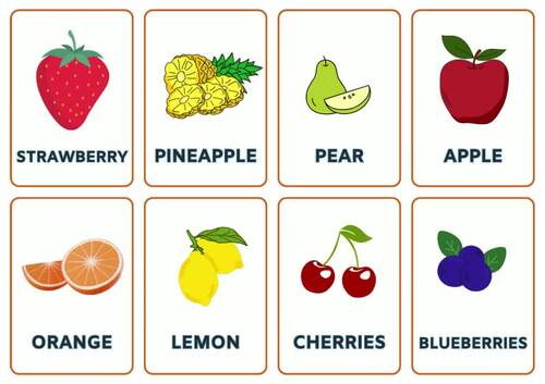 Colorful Illustrative Fruits Flashcards by professional designer