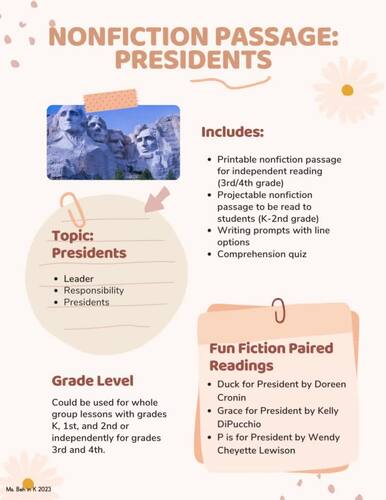 Presidents (Nonfiction Passage, Writing Prompts, & Comprehension Check)