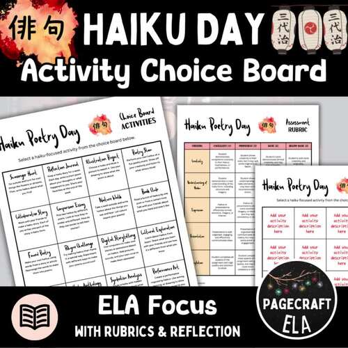Haiku Day ELA Activity Choice Board with Teacher and Student Rubrics