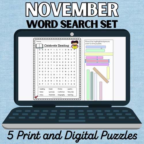 November Word Search Set Printable Pages and Digital Puzzles for Google ...