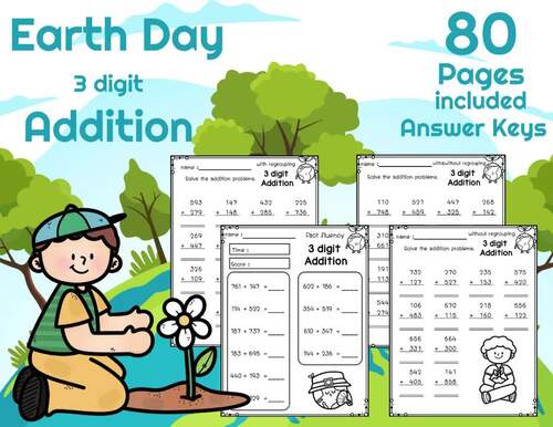 Earth Day Math Worksheets- 3-Digit Addition with&without Regrouping ...