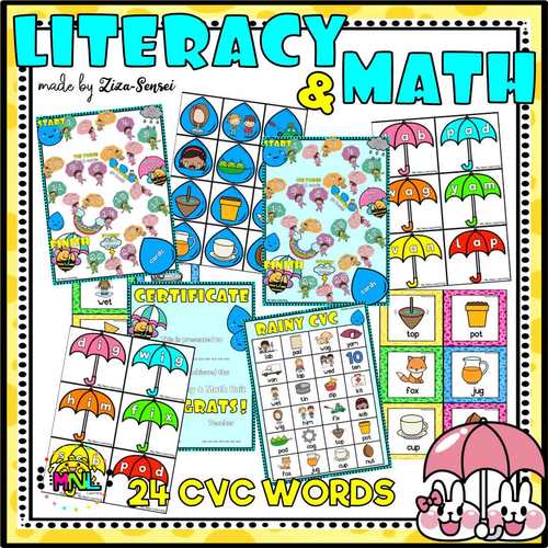 Phonics CVC Words Spring Literacy Math Umbrella Raindrop Rainy Pack