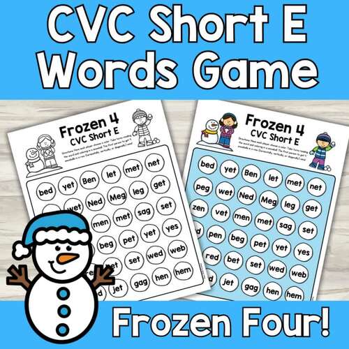 Winter CVC Short E Vowels Center Game Activity Frozen Four in a Row ...
