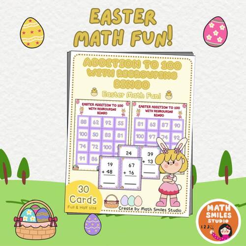 Easter Addition to 100 Bingo (With Regrouping) | 2-Digit Addition Math Game