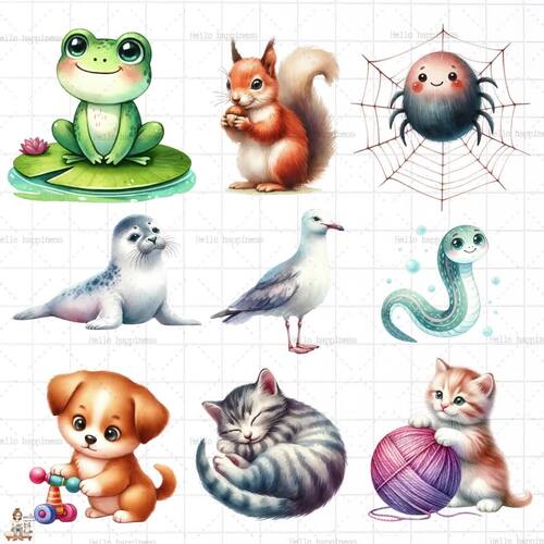 Cute Animals Watercolor Clipart by Hello Happiness | TPT