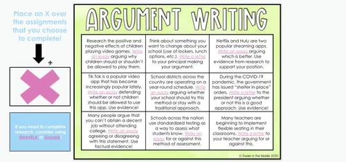 Argument Writing Choice Board (Distance Learning) by Swain in the Middle