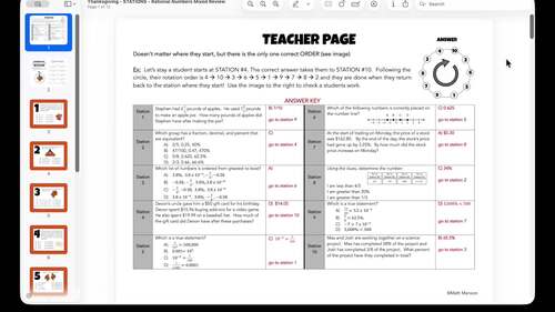 6th/7th Grade Math Review Thanksgiving Activity Rational Numbers Task Cards