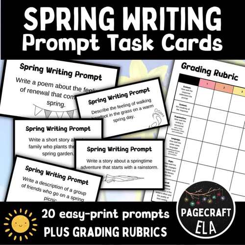 Spring Writing Prompts with Creative Writing Task Cards, Slides and Rubric