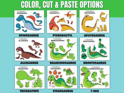 Dinosaur Cut & Paste Crafts | Build a Dinosaur Lesson Activity Worksheets