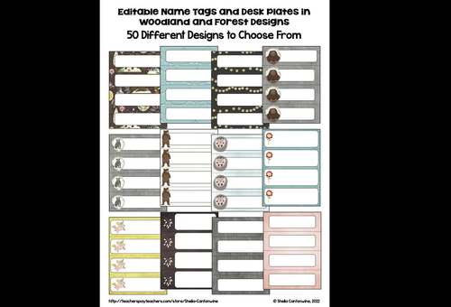 Editable Name Tags and Desk Plates in Woodland Forest Designs - 50 Designs