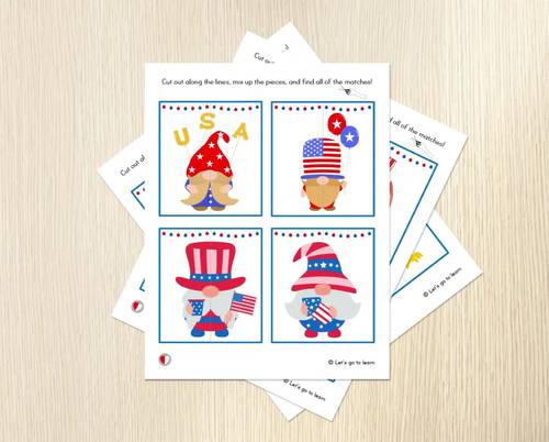 4th of July Matching Game, Summer Puzzles, USA Independence Day Activity