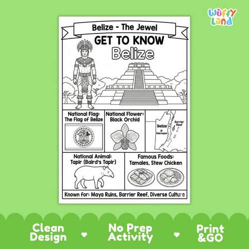 Belize Country Study Geography Coloring Page Worksheet Activity Poster