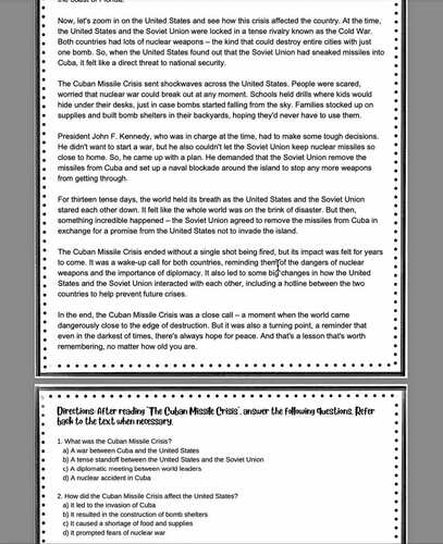 The Cuban Missile Crisis Reading Comprehension Worksheet with Writing Task