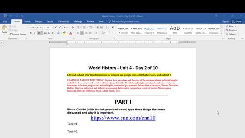 World History - Unit 5 - World War I - Day 6 of 10 - Video and Daily Lesson