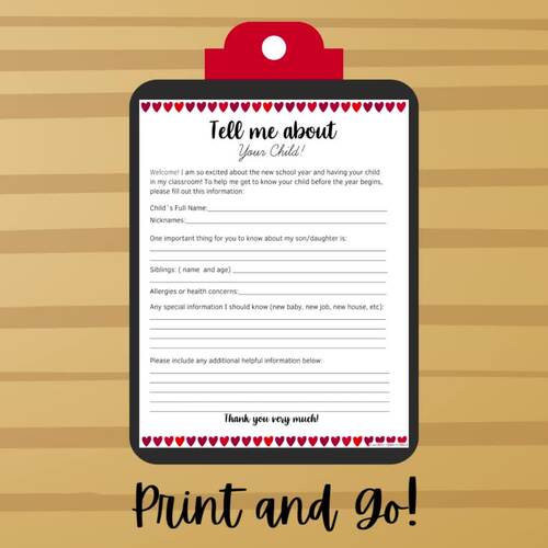 Tell me about your Child! Questionnaire/Parent Form Red Valentine Theme