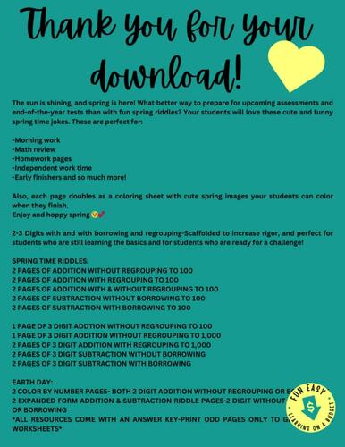 22 PGS. SPRING MATH ACTIVITIES-EARTH DAY, RIDDLES, MATH TEST PREP ...