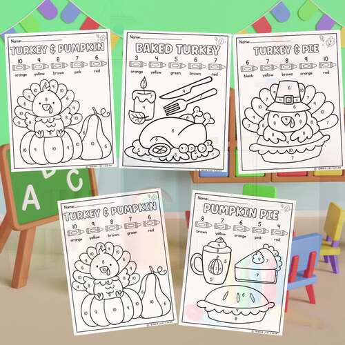 Color by Code Number 1-10 Thanksgiving Fall Coloring Pages for Kindergarten