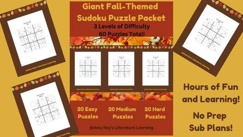 Fall-Themed Giant Sudoku Puzzle Packet Autumn Fun 3 Levels and 60 ...