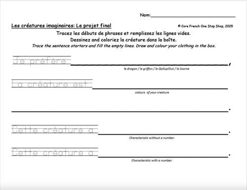 Core French Imaginary Creatures Written (and Speaking) Assessment Handout