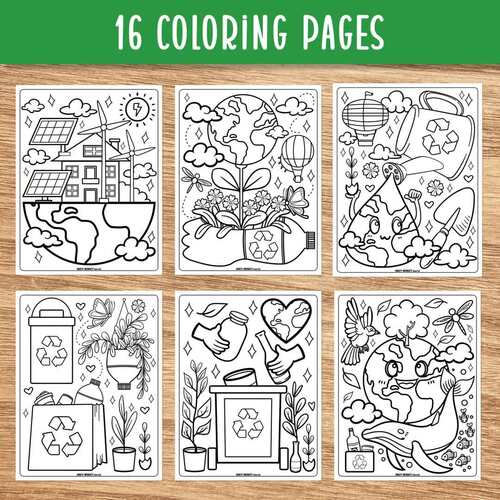 Earth Day Coloring Pages for kid (16 coloring pages + 2 writing papers)