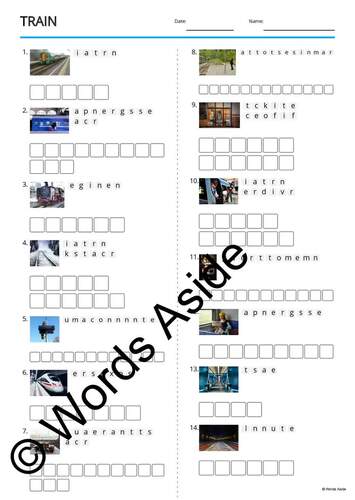 Vocabulary Puzzle Writing Worksheets Crossword Word Search Anagram TRAIN
