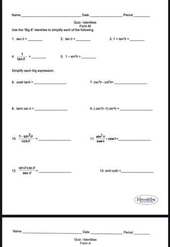 Precalculus Quizzes & Answer Keys - "The Big 8" Identities | TpT