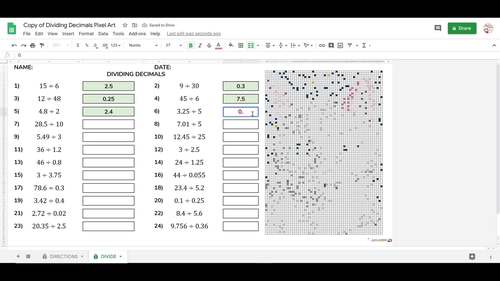 Google Sheets Digital Pixel Art Math Dividing Decimals by Algebra Accents