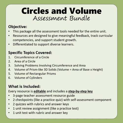 Circle Geometry & Volume Assessment Bundle | Quizzes, Test, Checkpoints ...