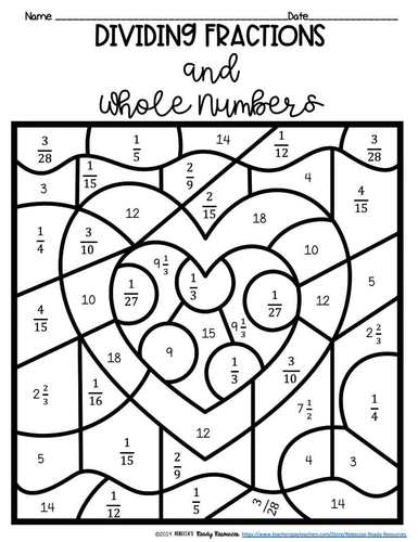 Dividing Fractions and Whole Numbers Color by Number Valentine's Day