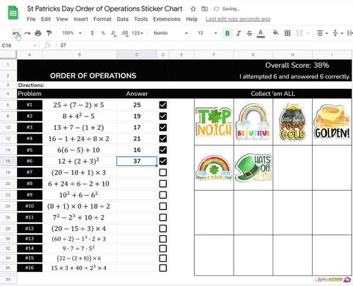 St. Patrick's Day Math Order of Operations DIGITAL STICKER CHART Activity