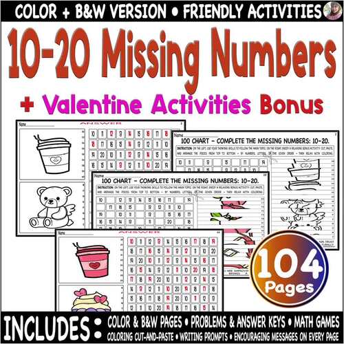 10-20 Missing Numbers on 100 Chart | Valentine Cut,Paste, Color Bonus ...
