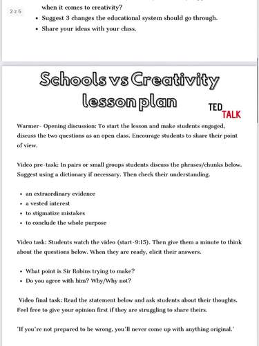 TED Talk Lesson School vs Creativity | Worksheet, Lesson plan with ...