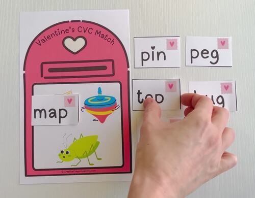 Valentine’s CVC Word Match – Literacy Center Game for Prek & Kindergarten