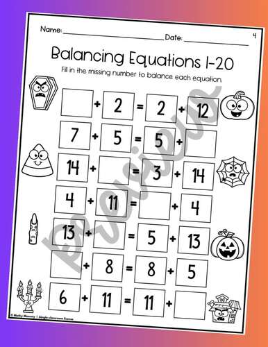 Halloween Addition to 20 | Balancing Equations | No Prep Math for ...