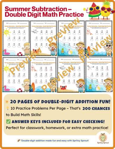 Summer Subtraction – 20 Pages of Double-Digit Math Practice with Answer ...