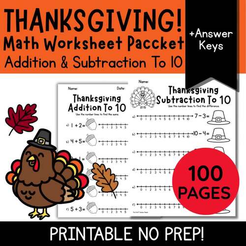 Thanksgiving Addition & Subtraction To 10 | Math Worksheet Packet