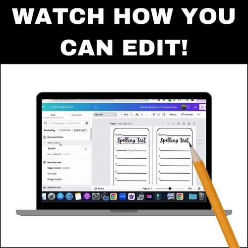 Spelling Test Template, Spelling Test Paper, Editable Spelling Test