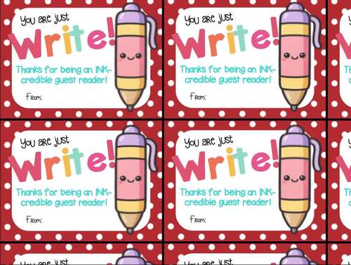 Cute Pen Guest Reader Appreciation Gift Tag- You are just Write! Thanks ...