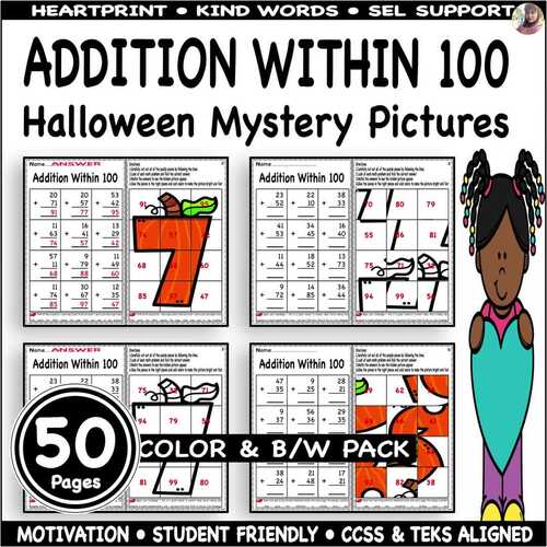 Halloween - Addition within 100 With Regrouping Mystery Pictures, Cut ...