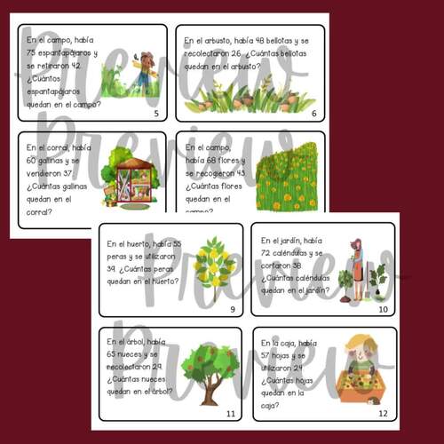 Problemas de cuento resta de Otoño Subtraction Fall Word Problems in ...