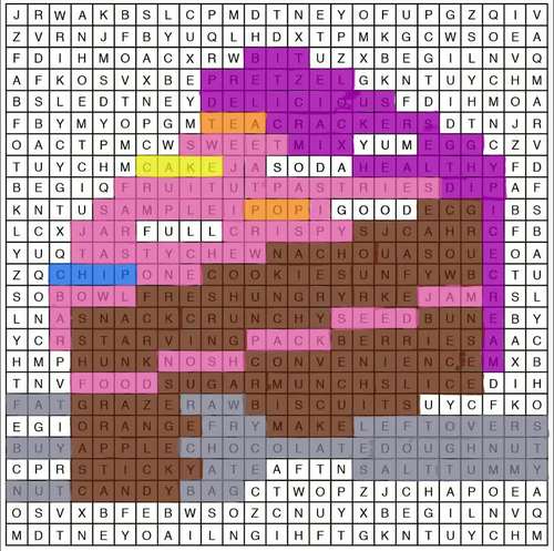 Snacks Reading and Writing Vocabulary Word Search Mystery Picture to Color