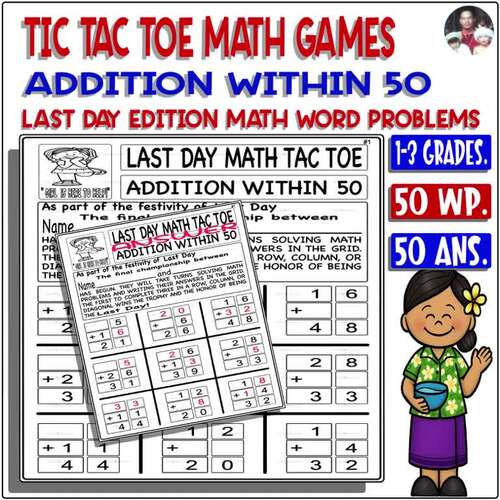 Last Day Math Game Tic Tac Toe Addition Word Problems Within 50 - Fun ...