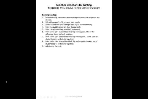 Semester Two Exam Fully-Editable (PreCalculus Honors) | TPT