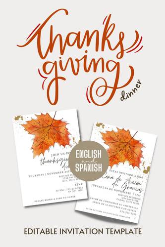 Thanksgiving Orange & Gold Editable Invitation Template, Printable ...