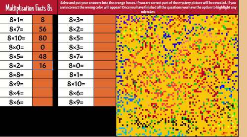 Multiplication Facts (8s) Thanksgiving and Fall Math Pixel Art | TPT