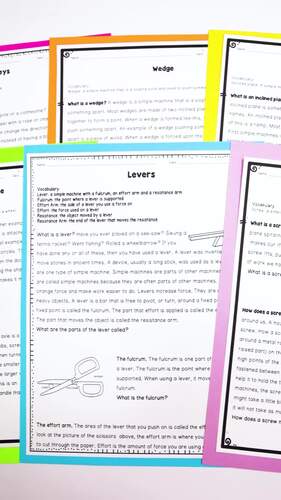 Simple Machines Unit Reading Worksheets Review Activities and Hands on