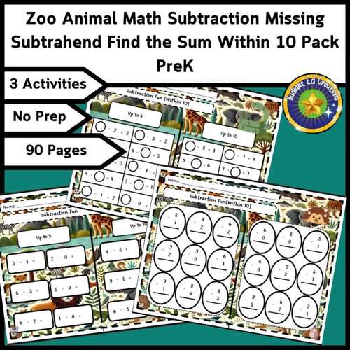 Zoo Animal Math Subtraction Missing Subtrahend Find the Sum Within 10 ...