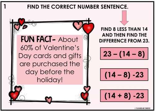 Valentine's Day Number Sentences and Equations Boom Cards Grade 5