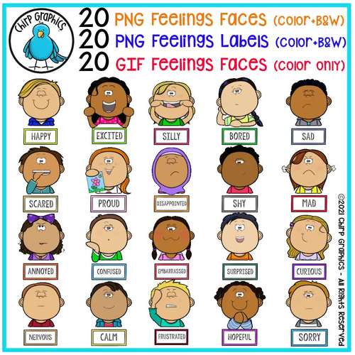Feelings Faces PNG and GIF Clip Art Set by Chirp Graphics | TPT